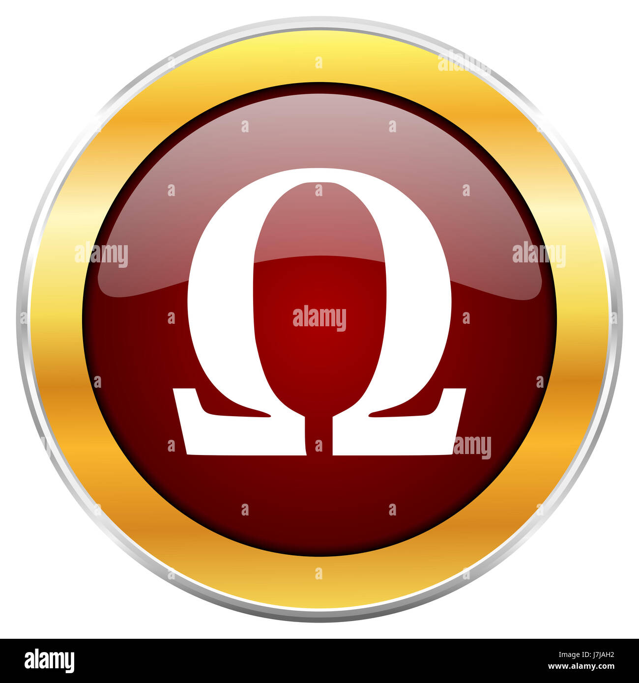 Omega red web icon with golden border isolated on white background ...