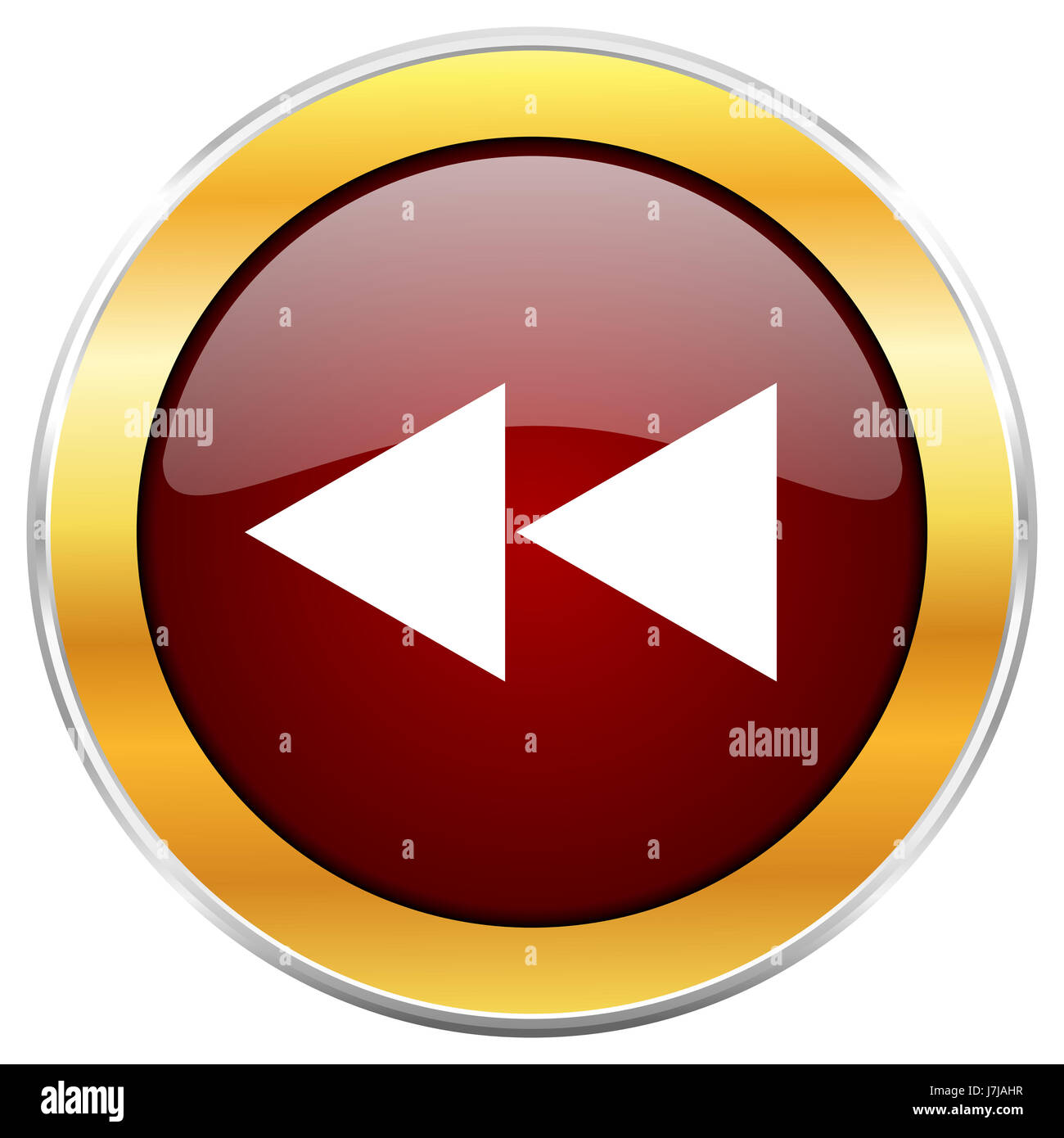 Rewind red web icon with golden border isolated on white background ...