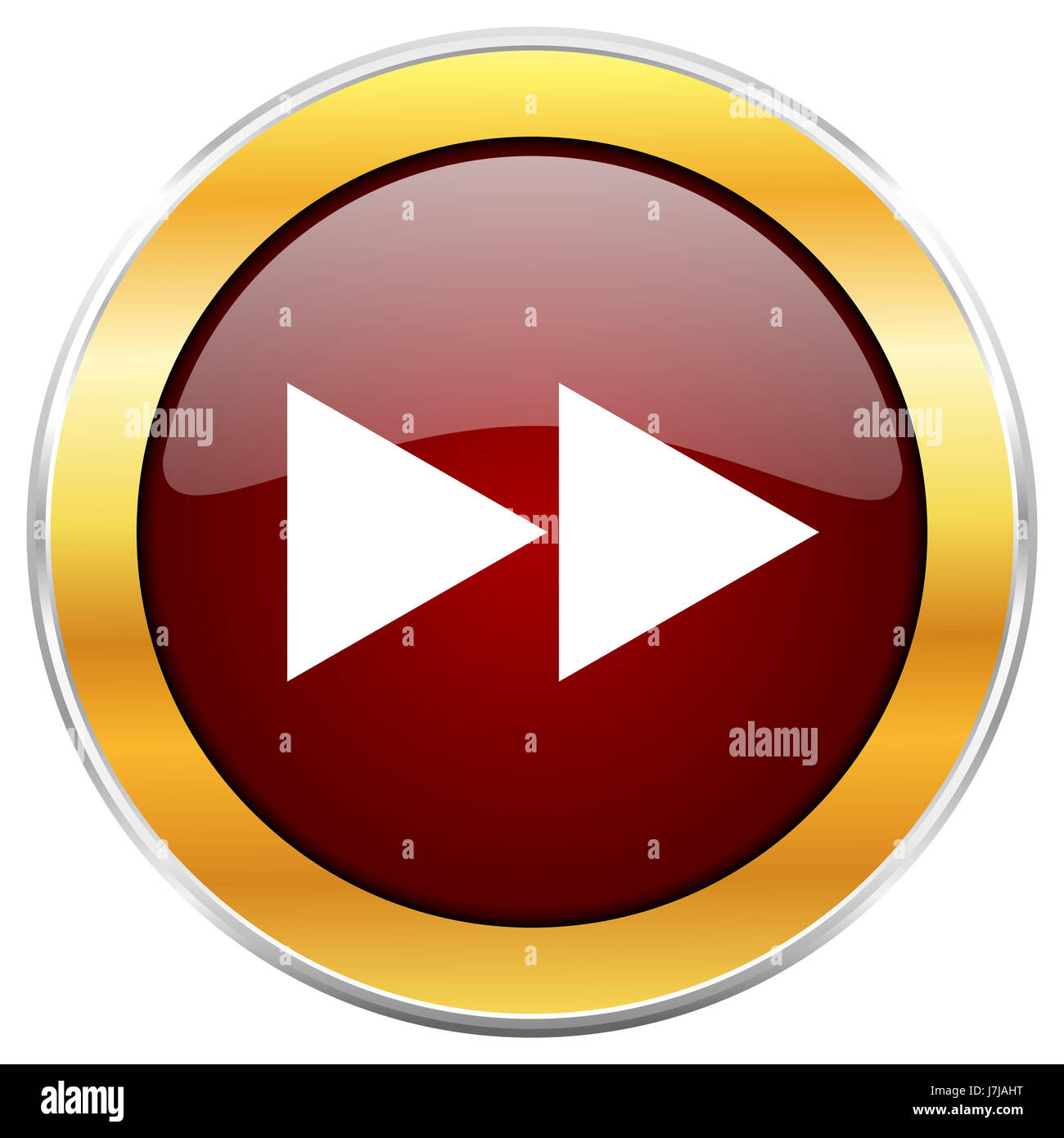 Rewind red web icon with golden border isolated on white background ...