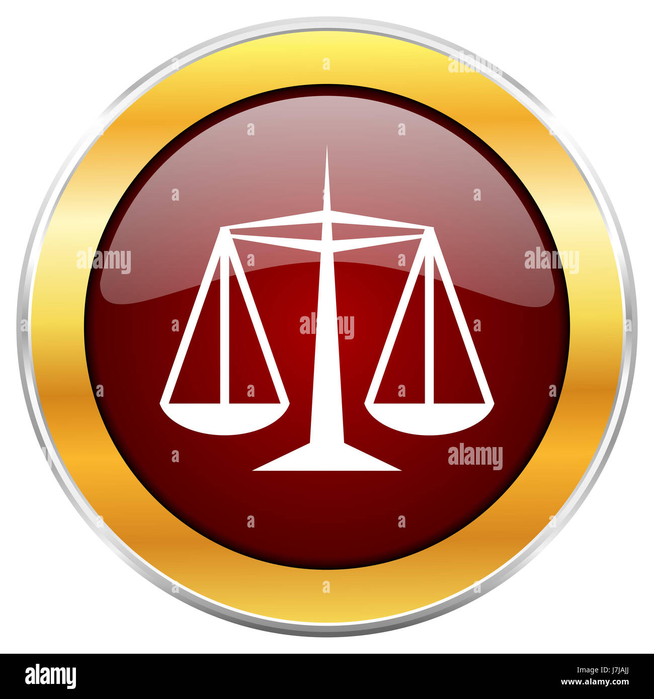 Justice red web icon with golden border isolated on white background ...