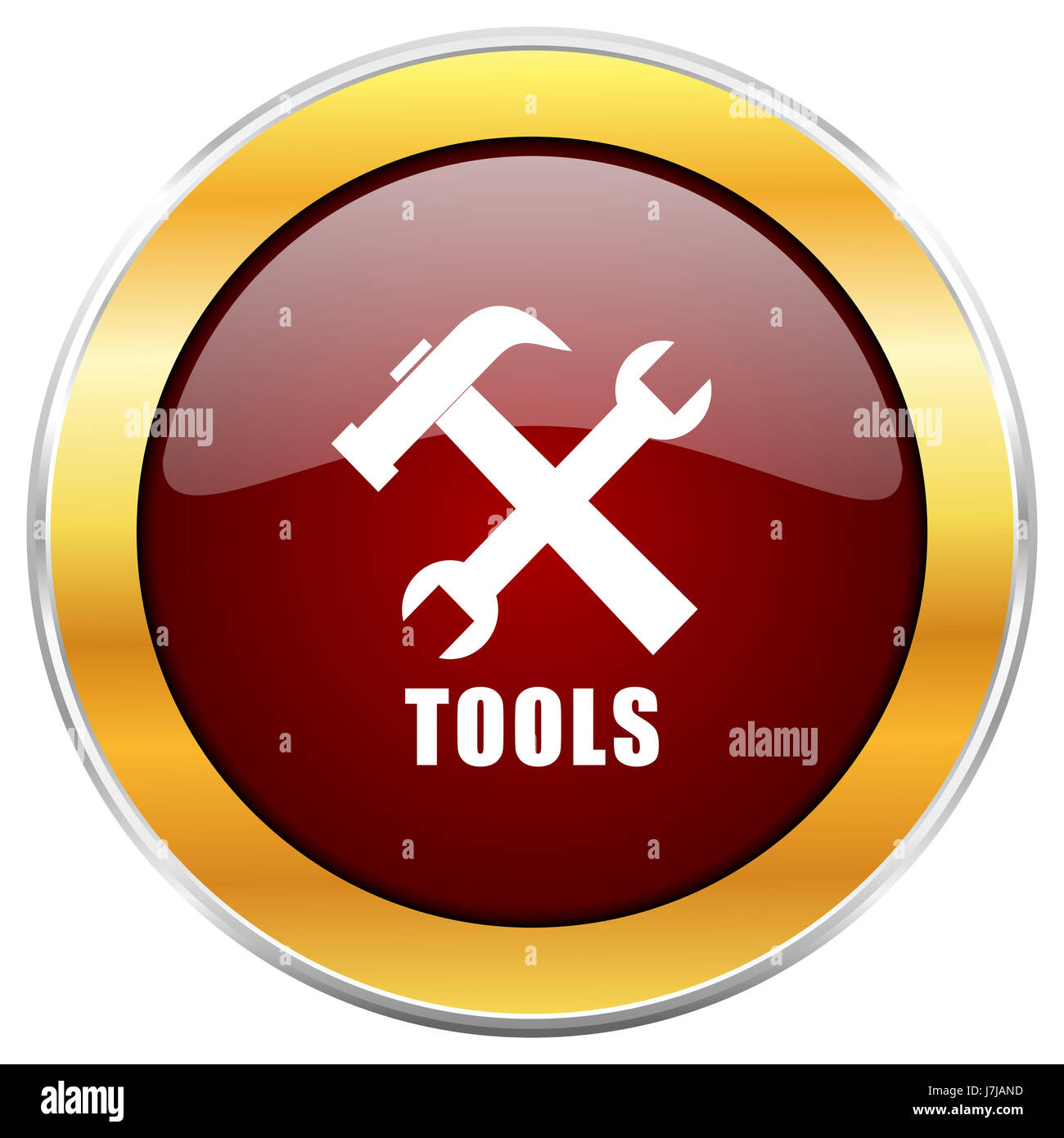 Tools red web icon with golden border isolated on white background ...