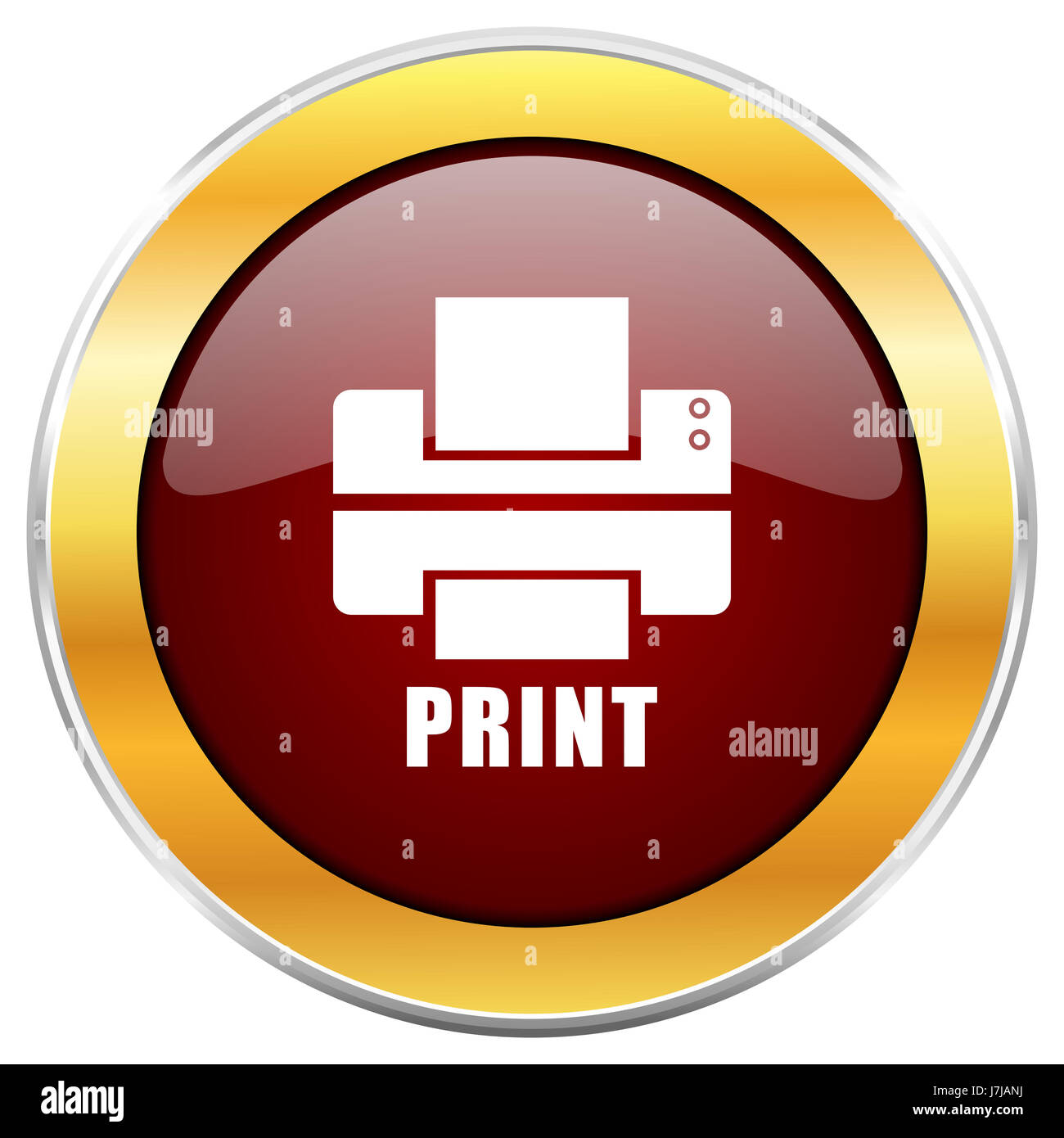 Printer red web icon with golden border isolated on white background ...