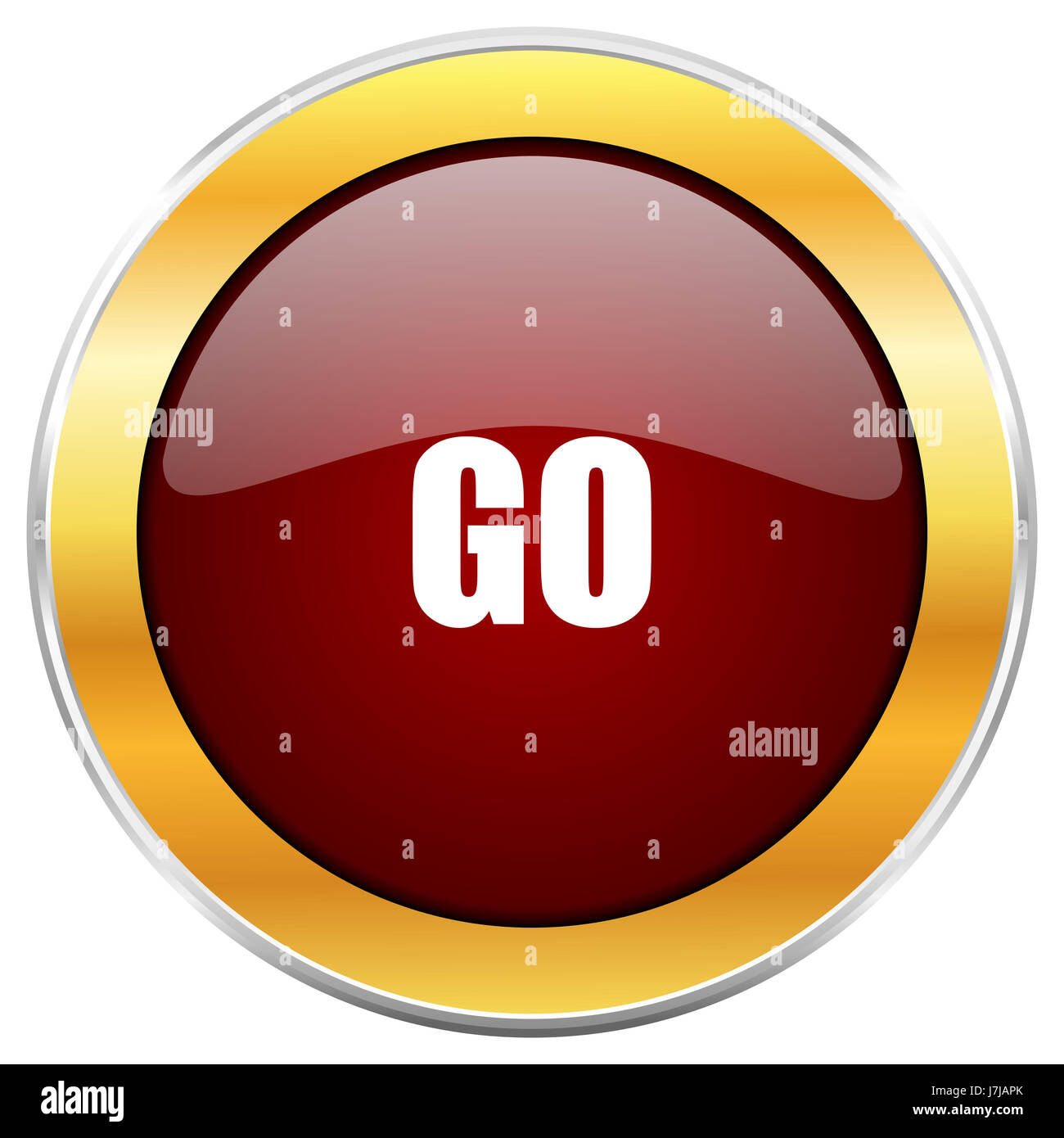 Go red web icon with golden border isolated on white background. Round ...