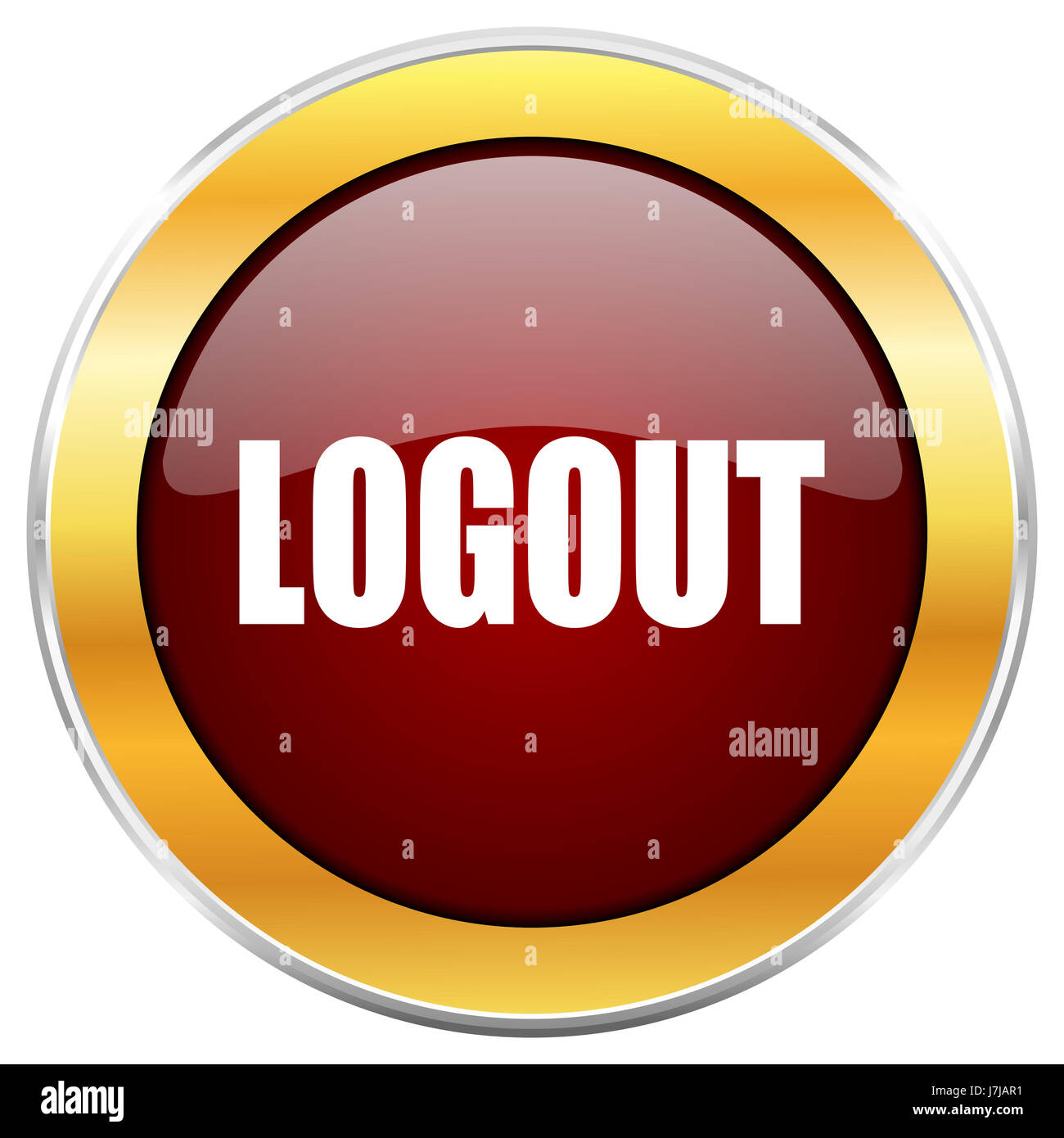 Logout red web icon with golden border isolated on white background ...
