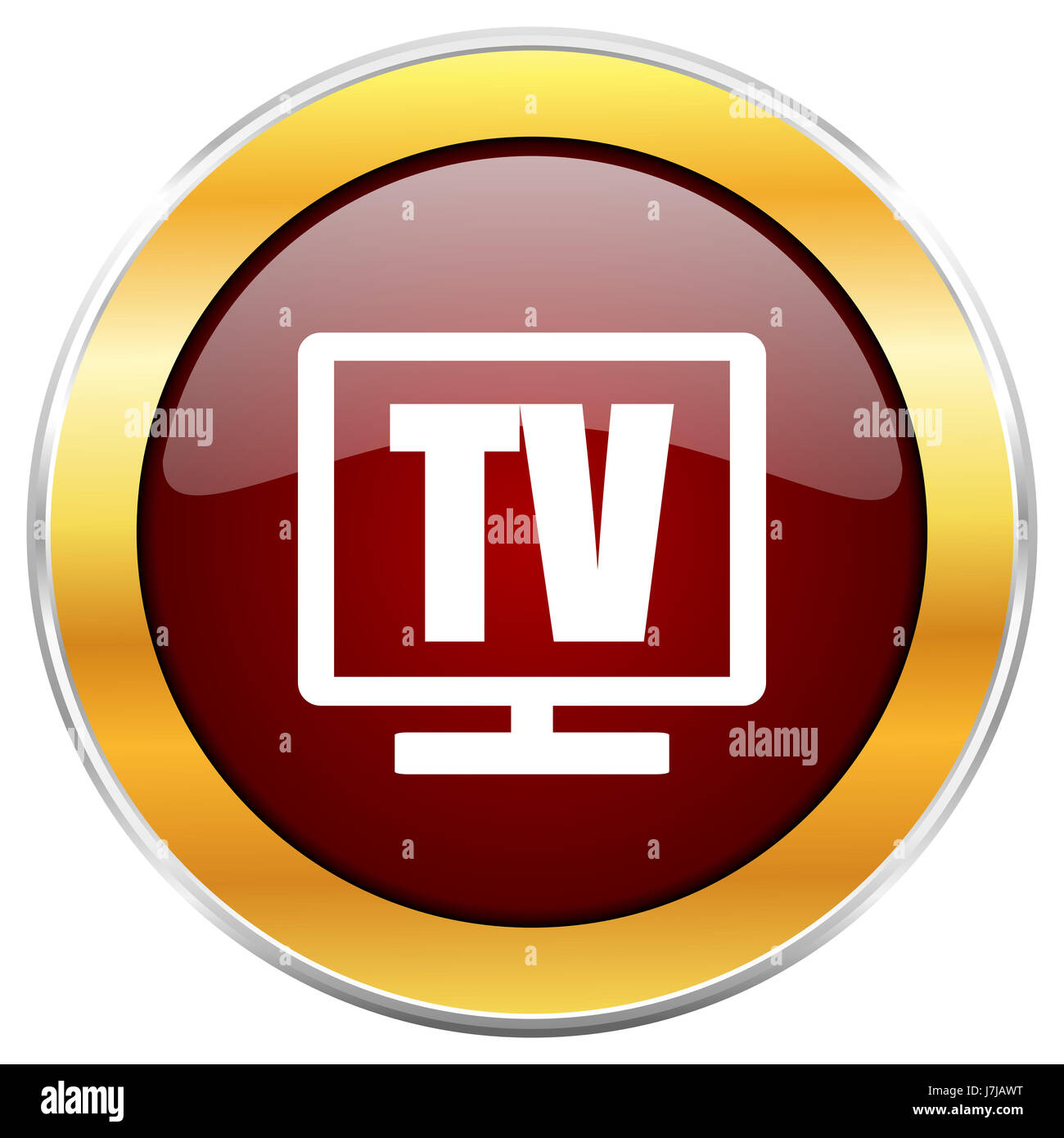 Tv red web icon with golden border isolated on white background. Round ...