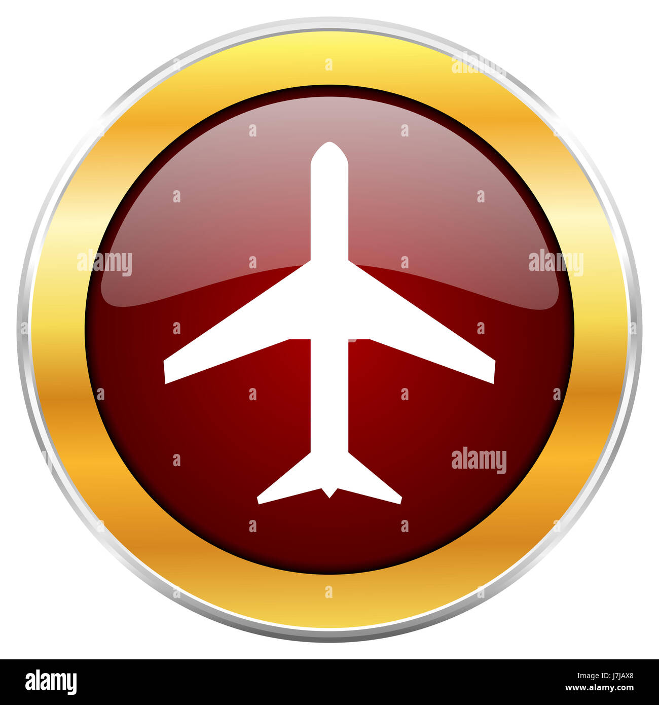 Plane red web icon with golden border isolated on white background ...