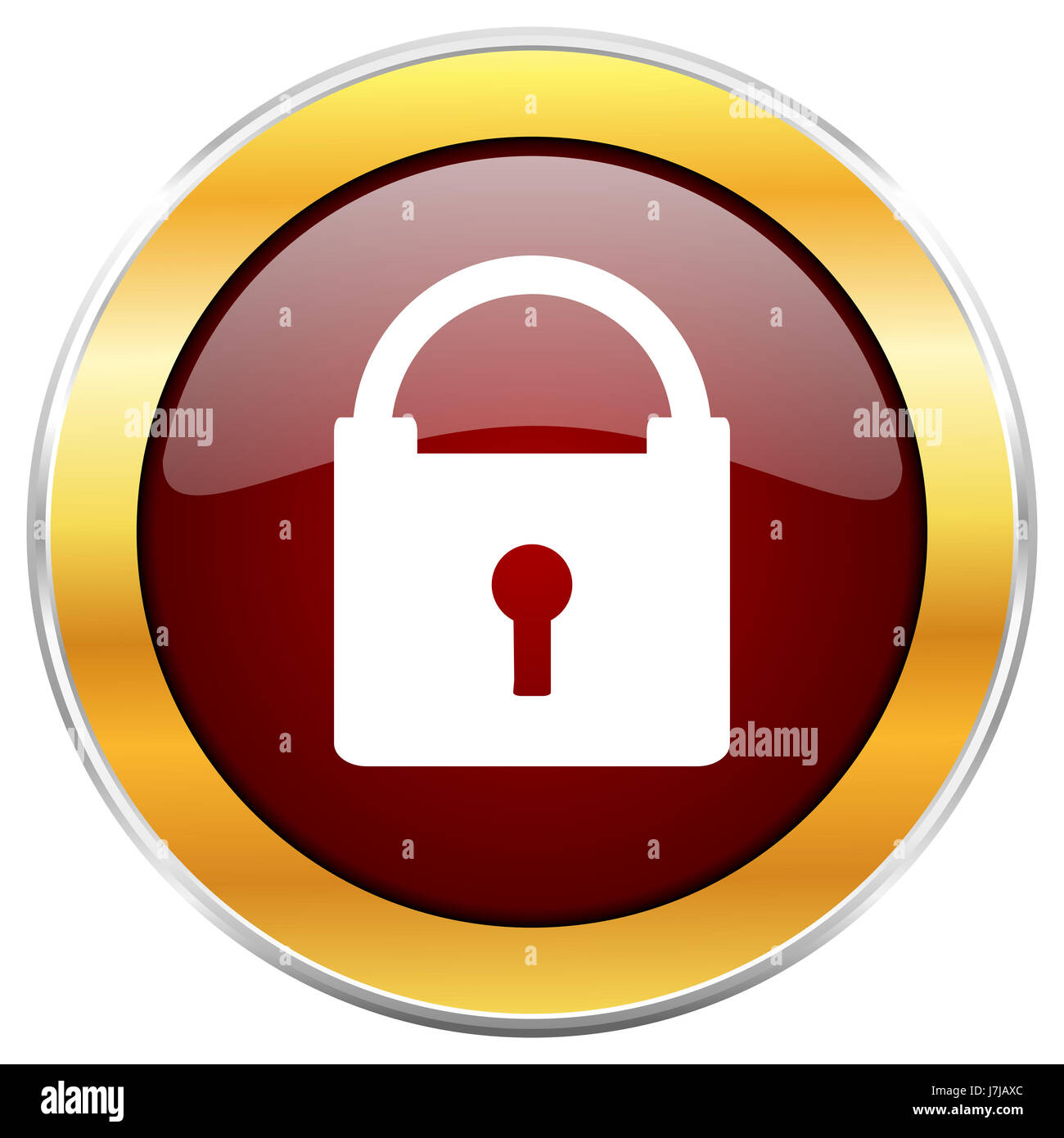 Padlock red web icon with golden border isolated on white background ...