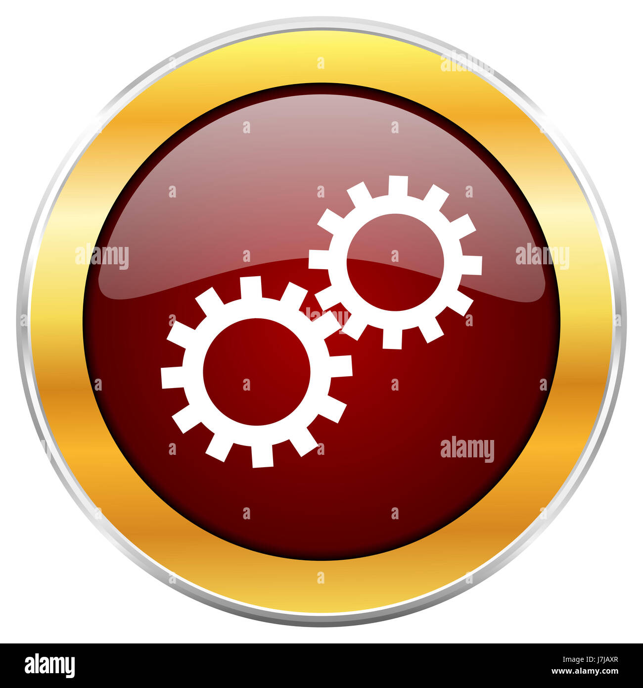 Gear red web icon with golden border isolated on white background ...