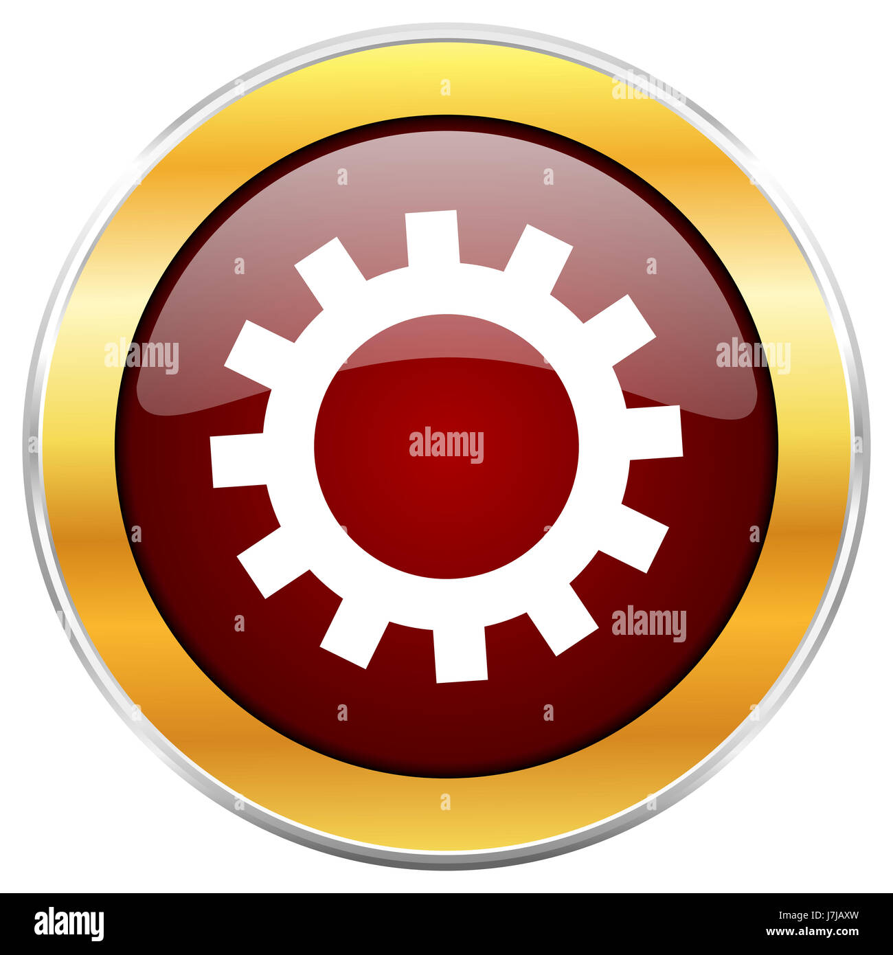 Gear red web icon with golden border isolated on white background ...