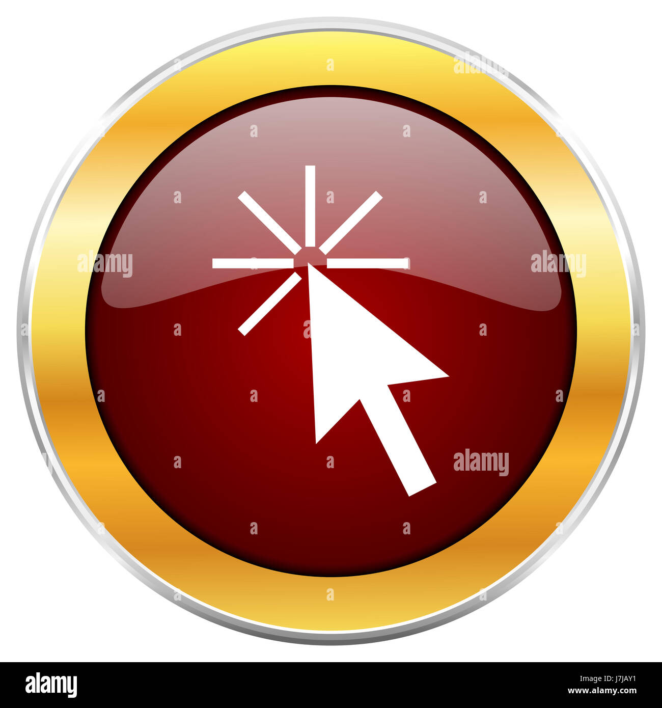 Click here red web icon with golden border isolated on white background ...
