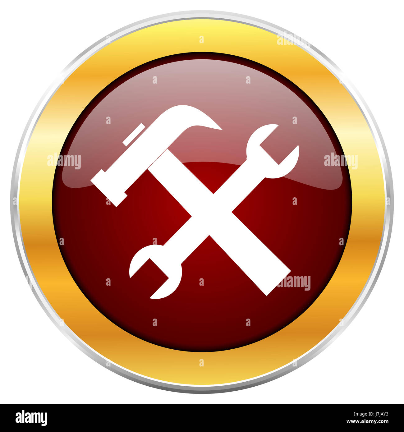 Tool red web icon with golden border isolated on white background ...