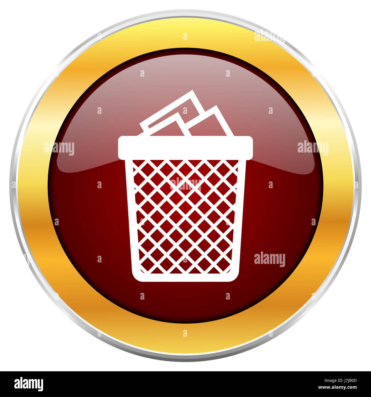 Trash can red web icon with golden border isolated on white background ...