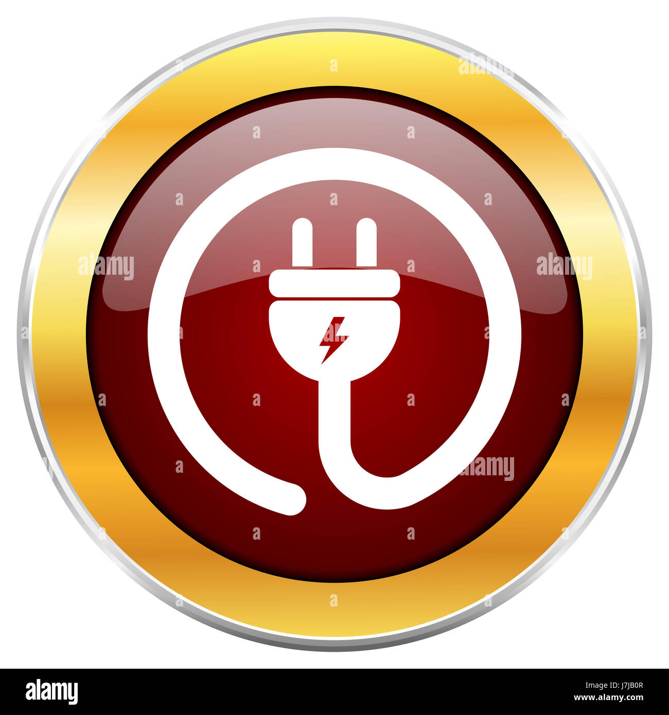 Electric plug red web icon with golden border isolated on white ...