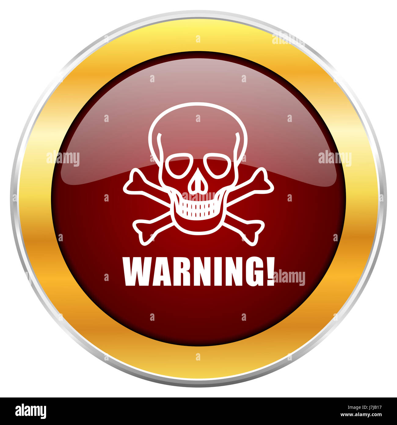 Warning skull red web icon with golden border isolated on white ...