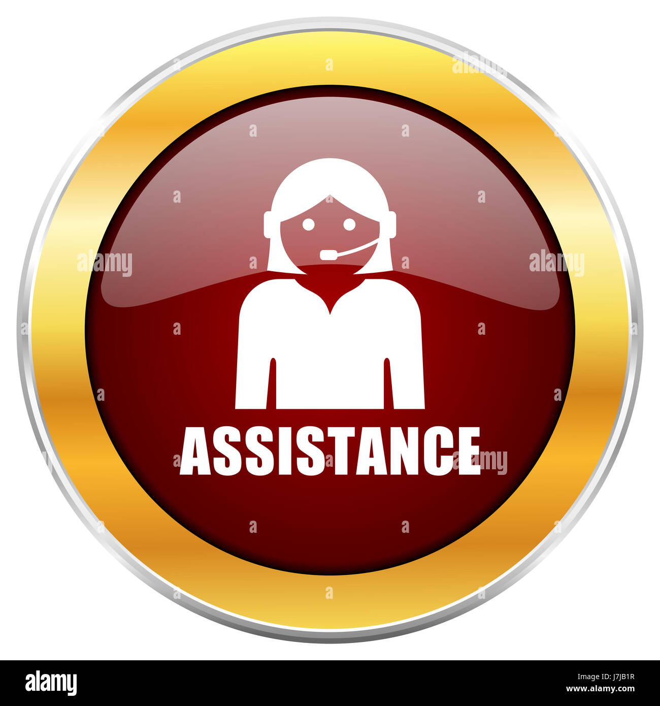 Assistance red web icon with golden border isolated on white background ...