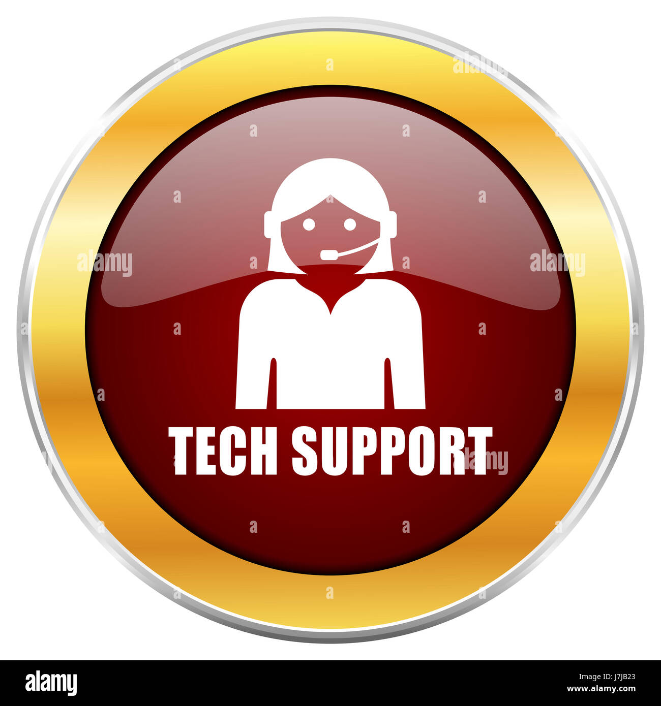 Support red web icon with golden border isolated on white background ...