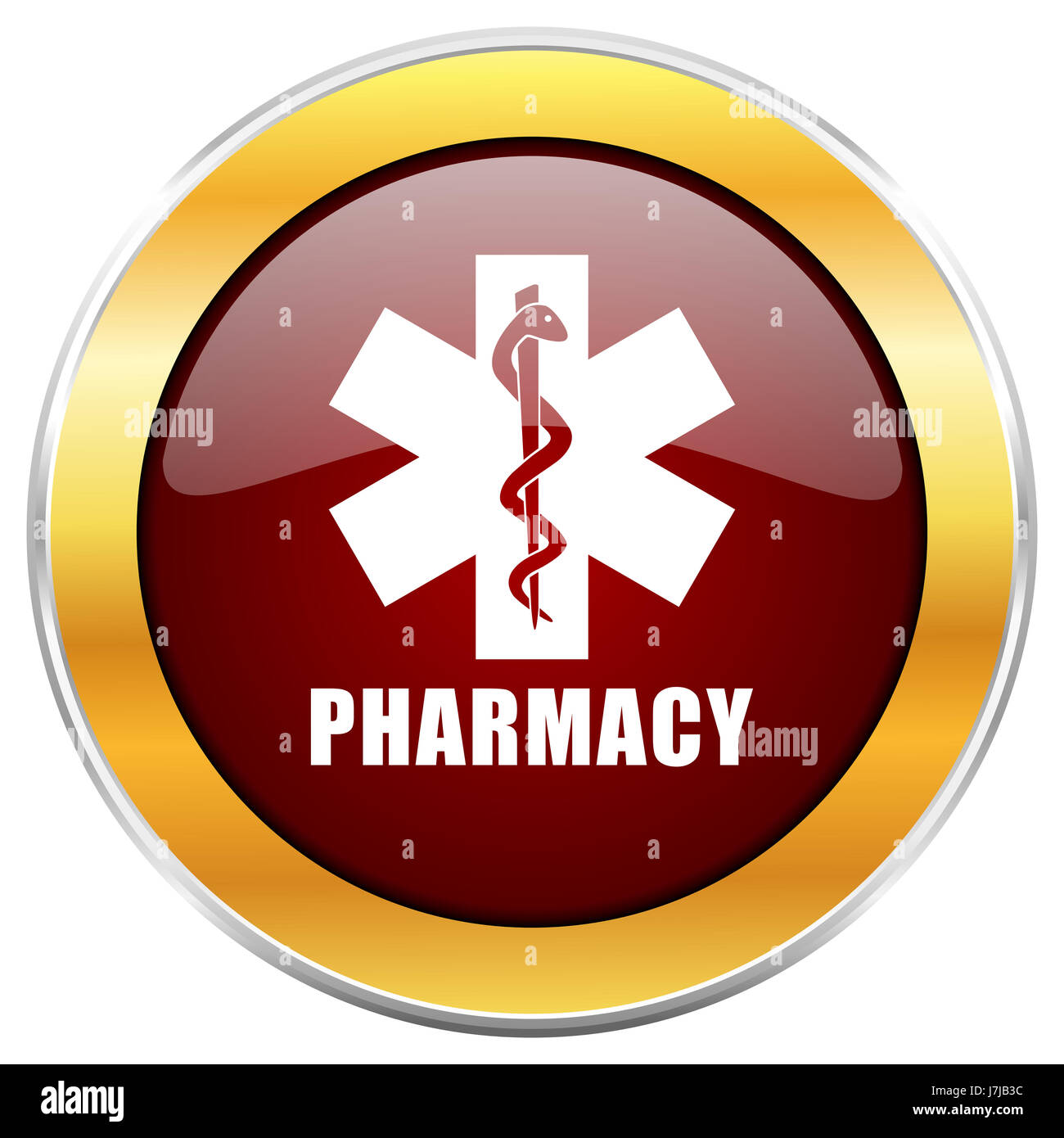 Pharmacy red web icon with golden border isolated on white background ...