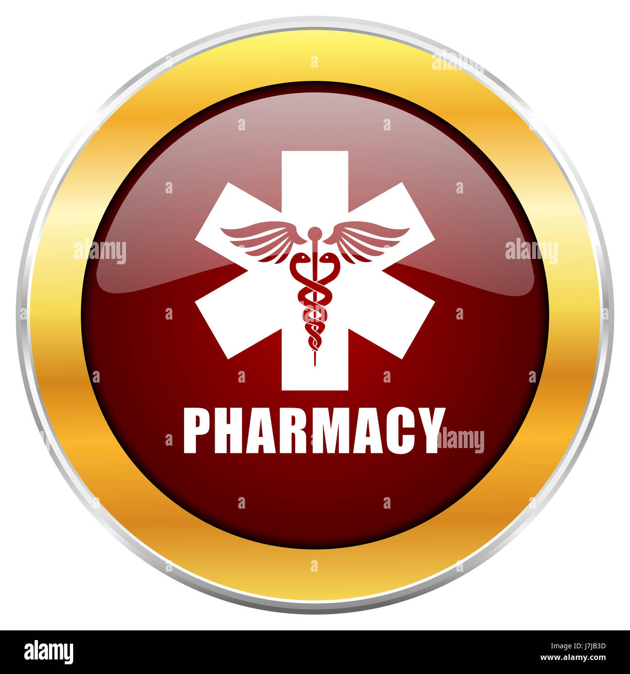 Pharmacy red web icon with golden border isolated on white background ...