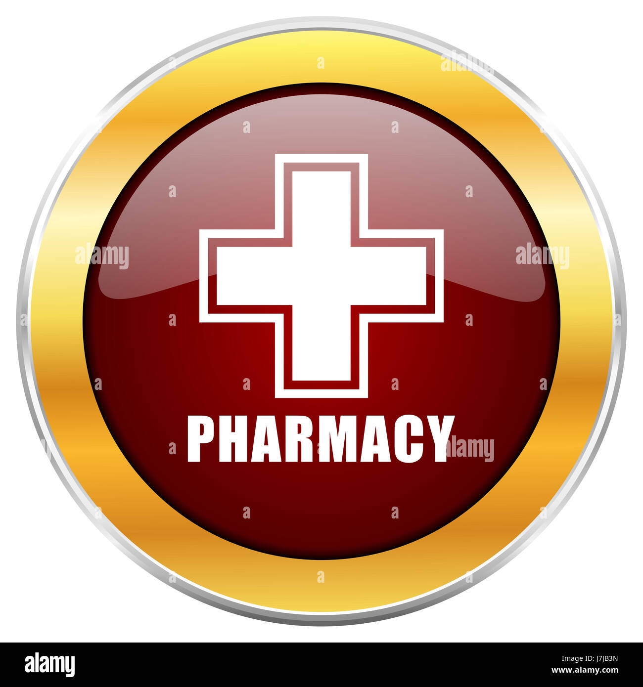Pharmacy red web icon with golden border isolated on white background ...