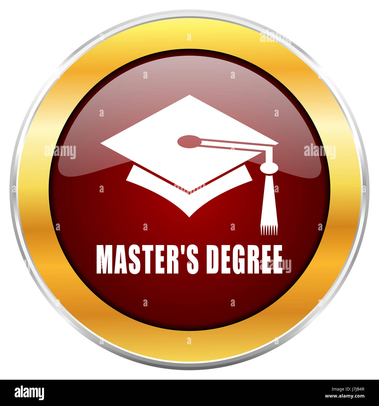 Masters degree red web icon with golden border isolated on white ...