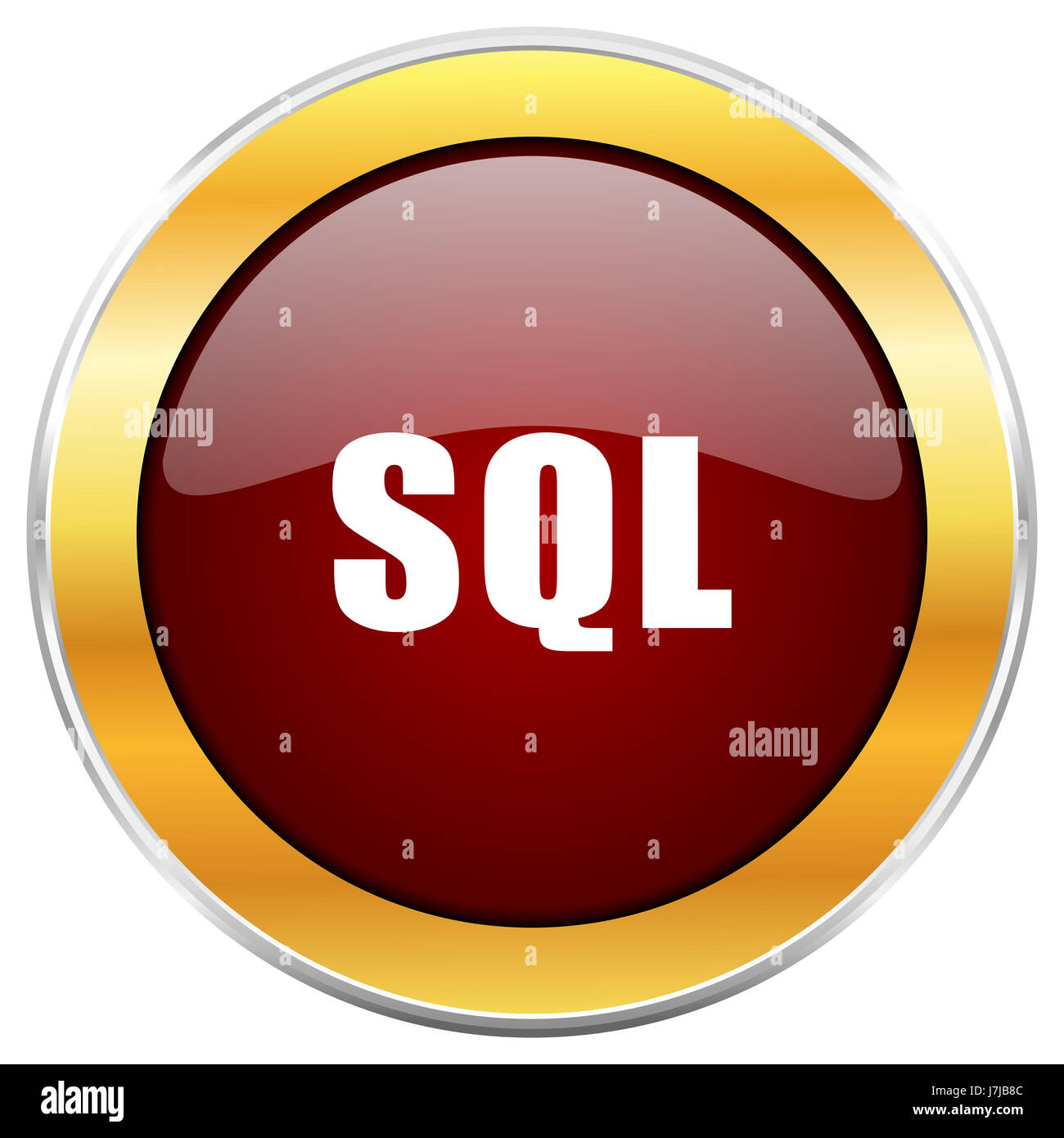 Sql red web icon with golden border isolated on white background. Round ...