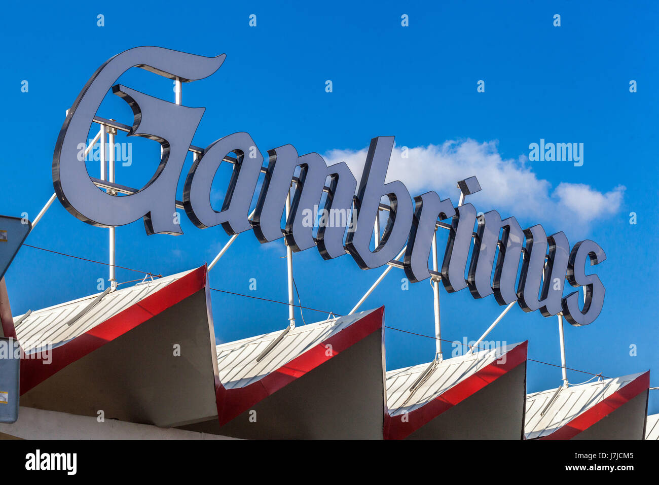 Logo of the Gambrinus brewery above the gate to the brewery, Plzen ...