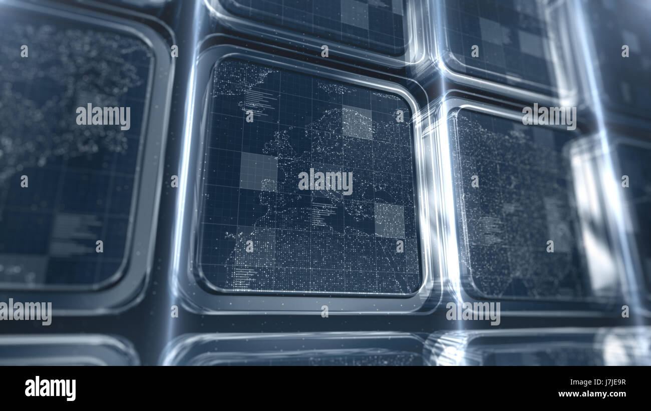 Dotted world map over metal and glass blocks, news background Stock ...