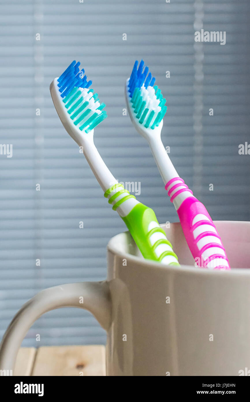 Toothbrushes in the white cup Stock Photo - Alamy