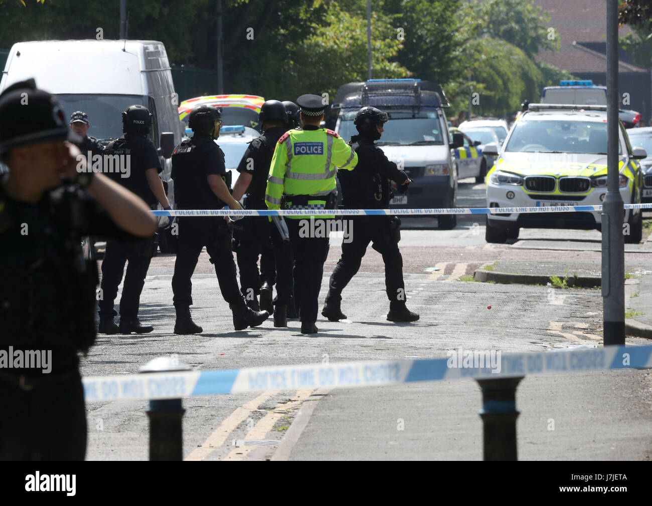 Police activity at a cordon in the Hulme area of Manchester where an ...