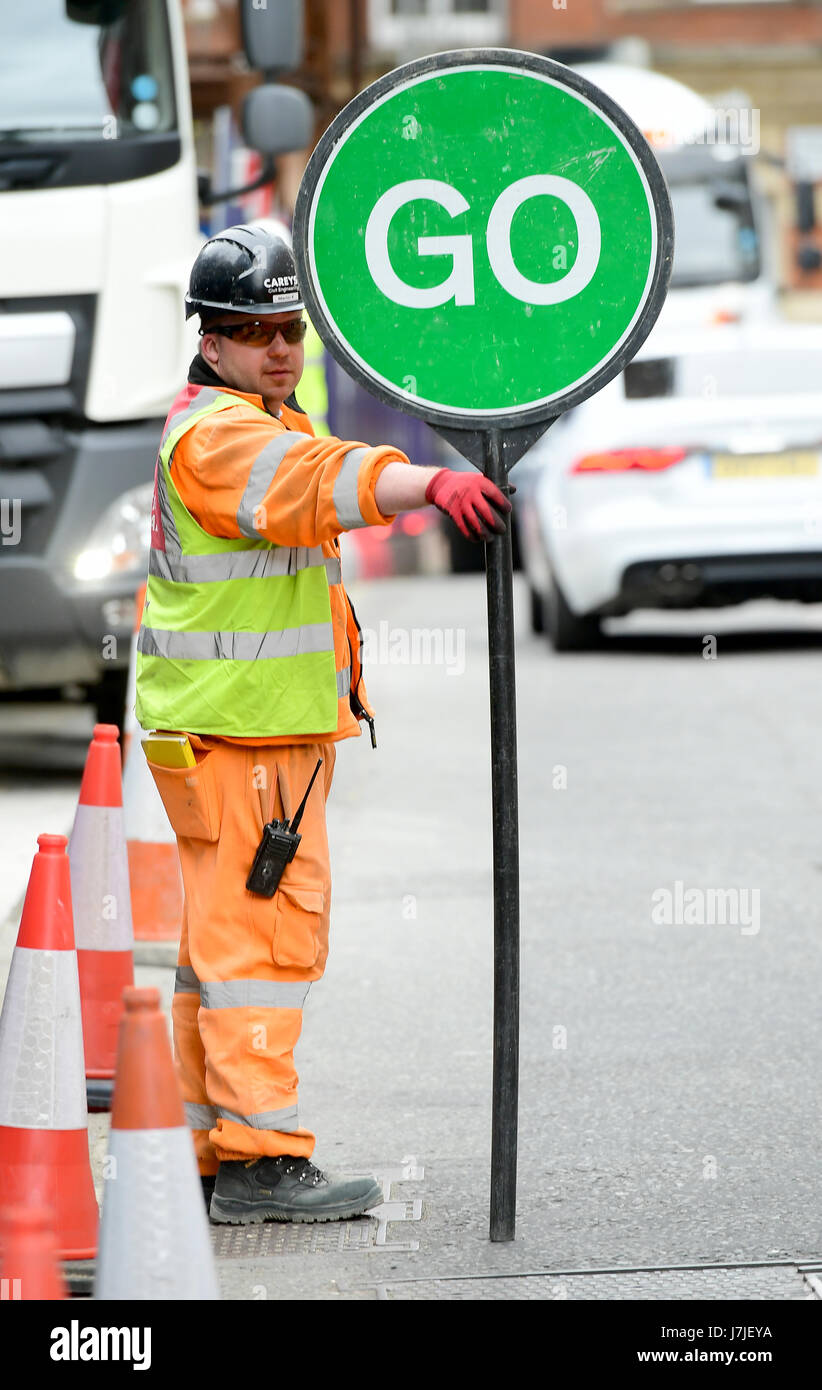 General view of a temporary go sign directing traffic in London Stock ...