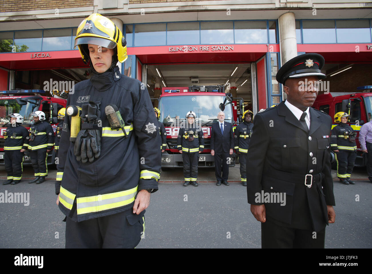 Labour leader Jeremy Corbyn (third right back) joins fire fighters at ...