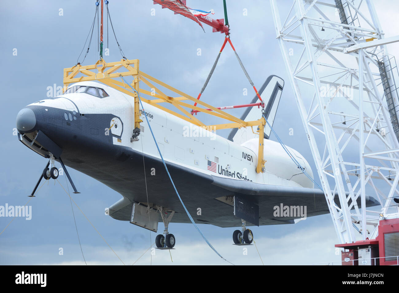 Space Shuttle Enterprise arrives at it's new location aboard the ...