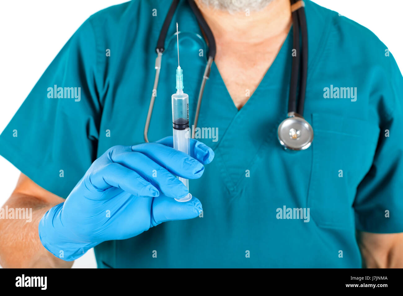 Close-up picture of a surgeon holding a syringe on a isolated ...