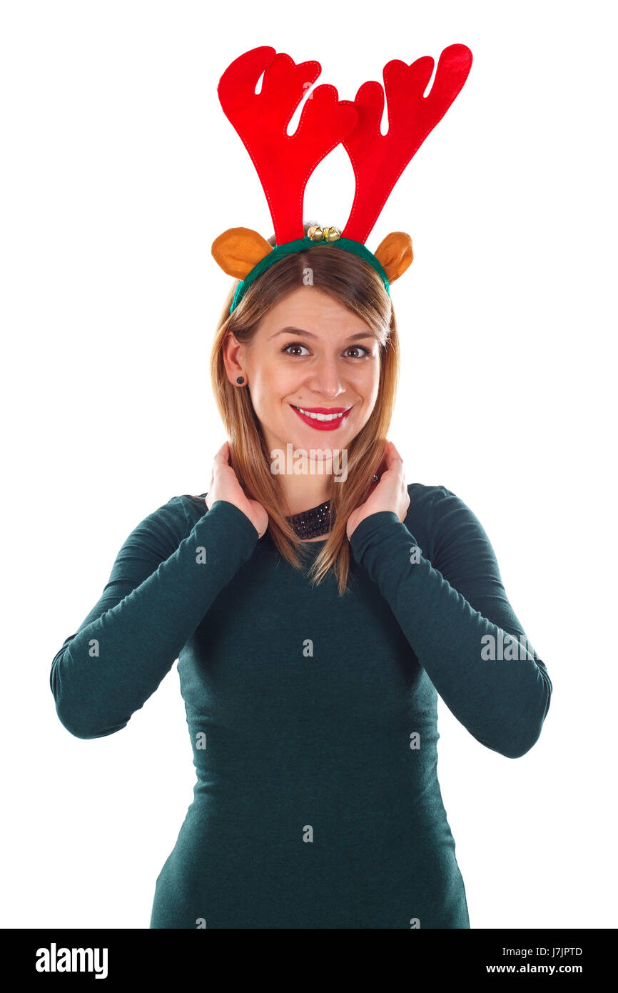 Picture of a happy young woman with reindeer slide on an isolated ...