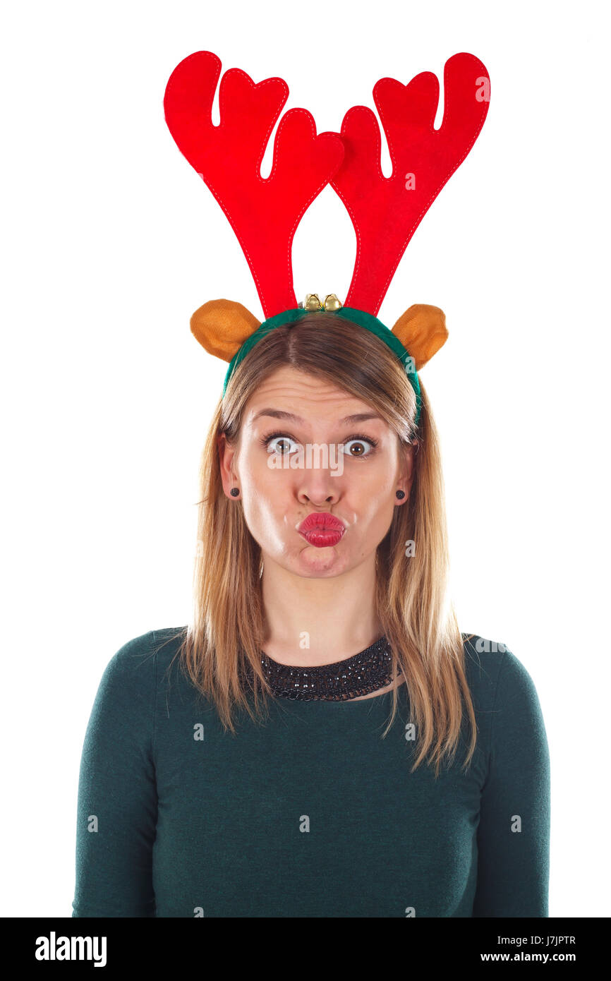Picture of a funny beautiful girl with reindeer slide Stock Photo - Alamy