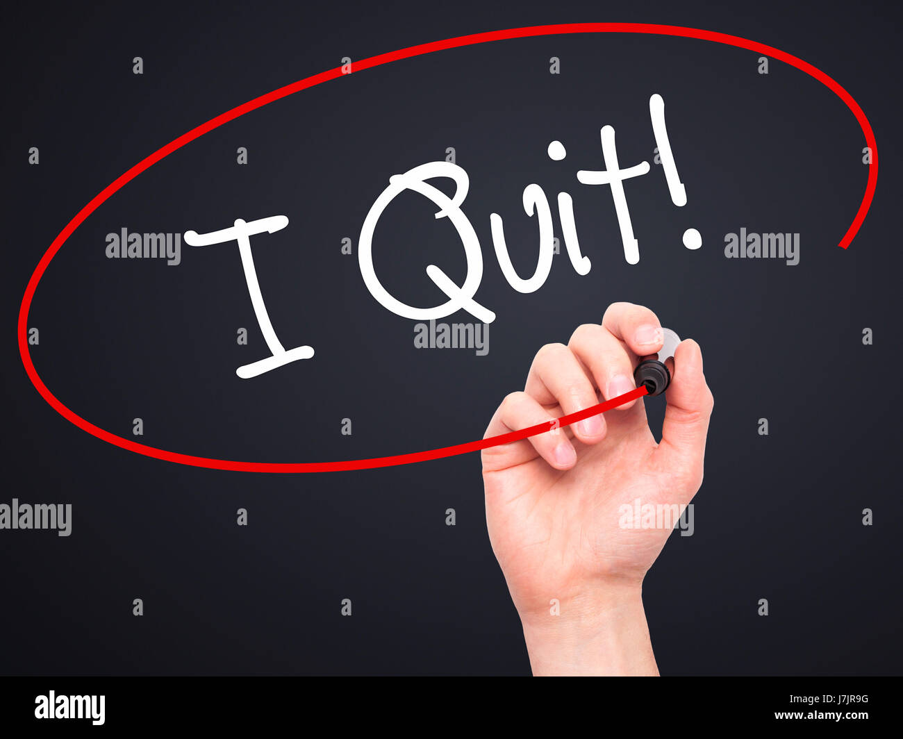 Man Hand writing I Quit! with black marker on visual screen. Isolated ...