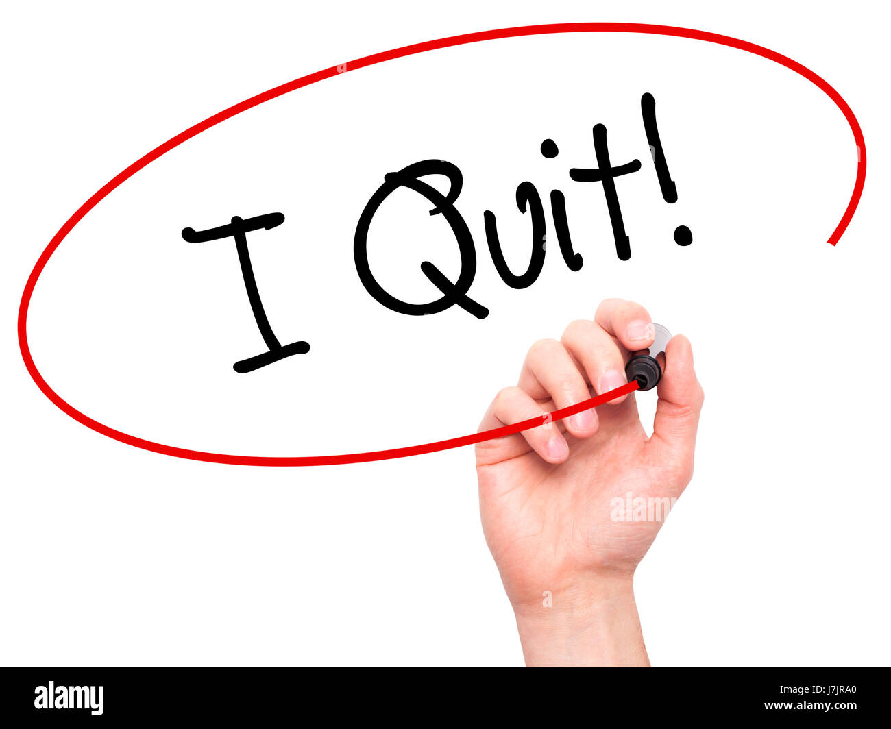 Man Hand writing I Quit! with black marker on visual screen. Isolated ...