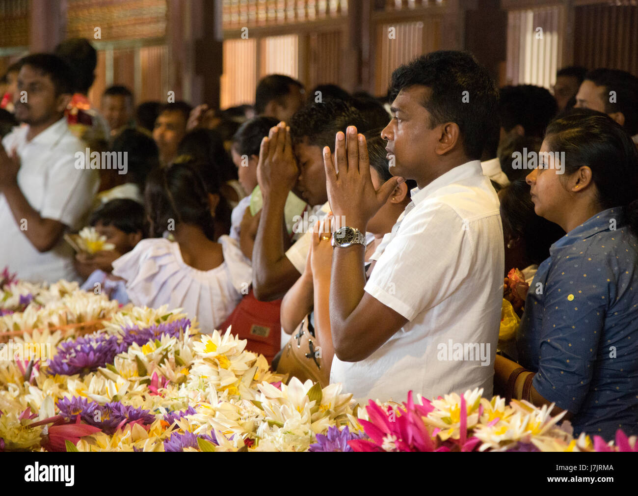 Kandy Sri Lanka Temple of the Sacred Tooth on Navam Full Moon Poya Day pilgrims praying with ...