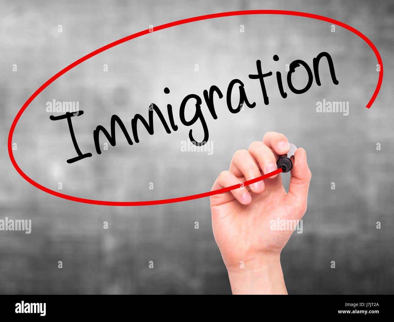 Man Hand writing Immigration with black marker on visual screen ...