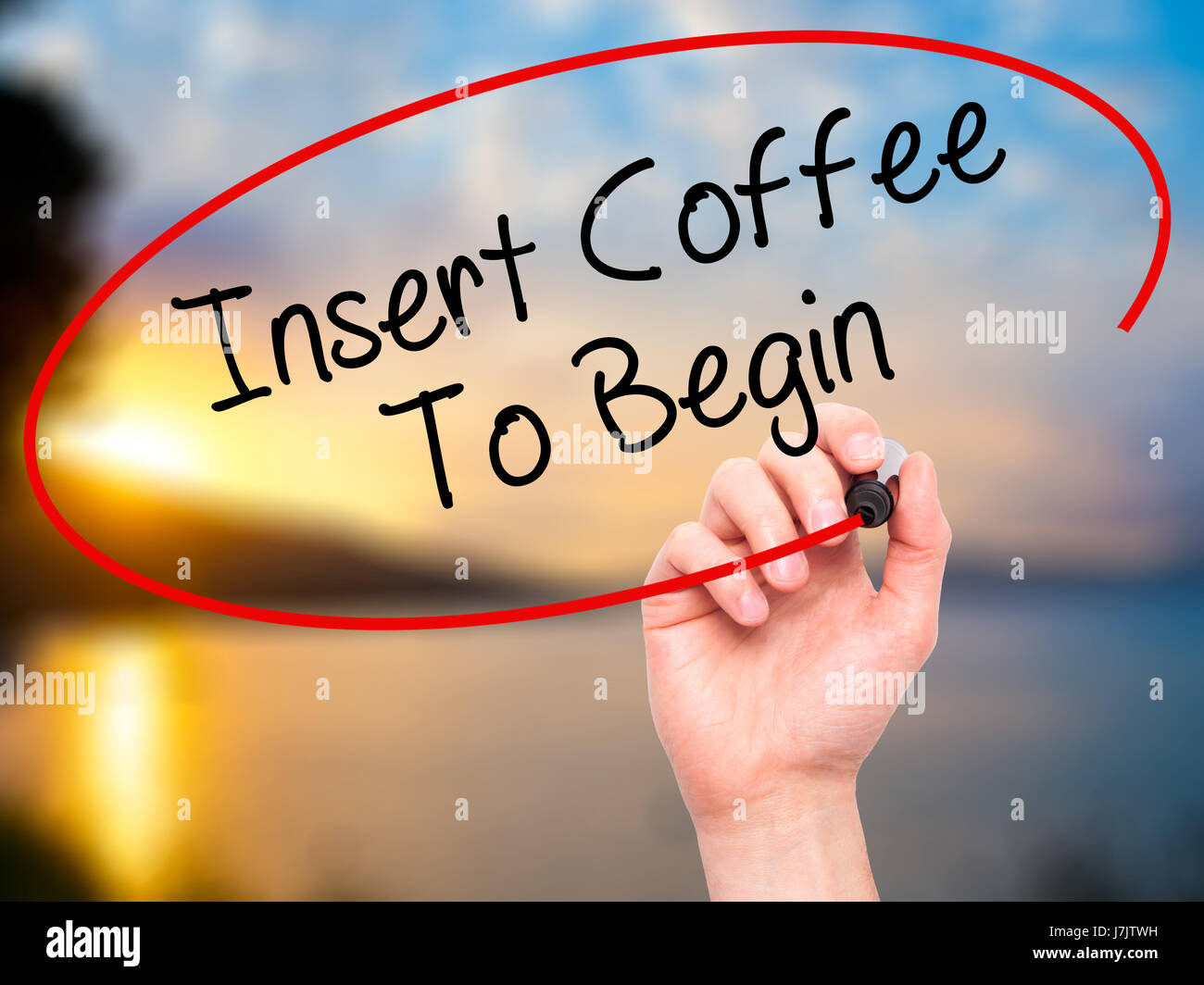 Man Hand writing Insert Coffee To Begin with black marker on visual ...