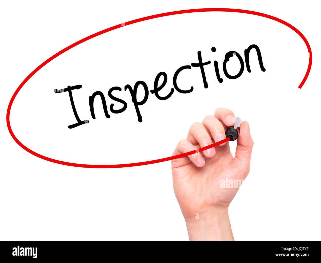 Man Hand writing Inspection with black marker on visual screen ...