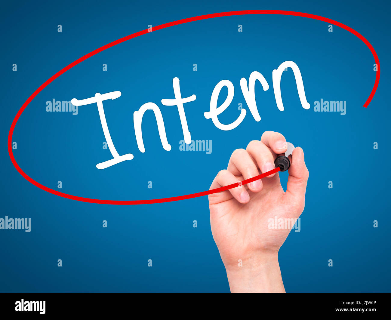 Man Hand writing Intern with black marker on visual screen. Isolated on ...