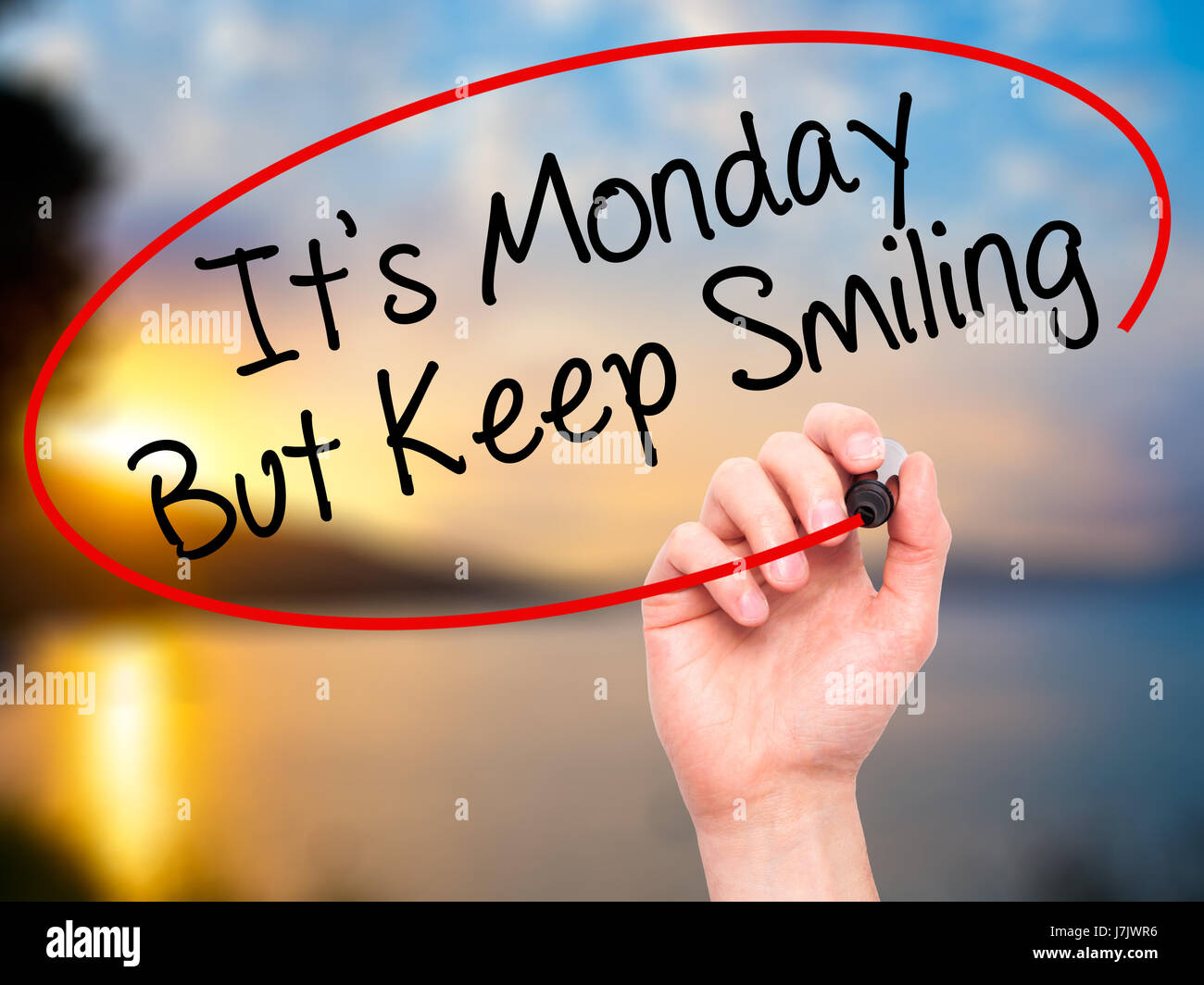 Man Hand writing It's Monday But Keep Smiling with black marker on ...