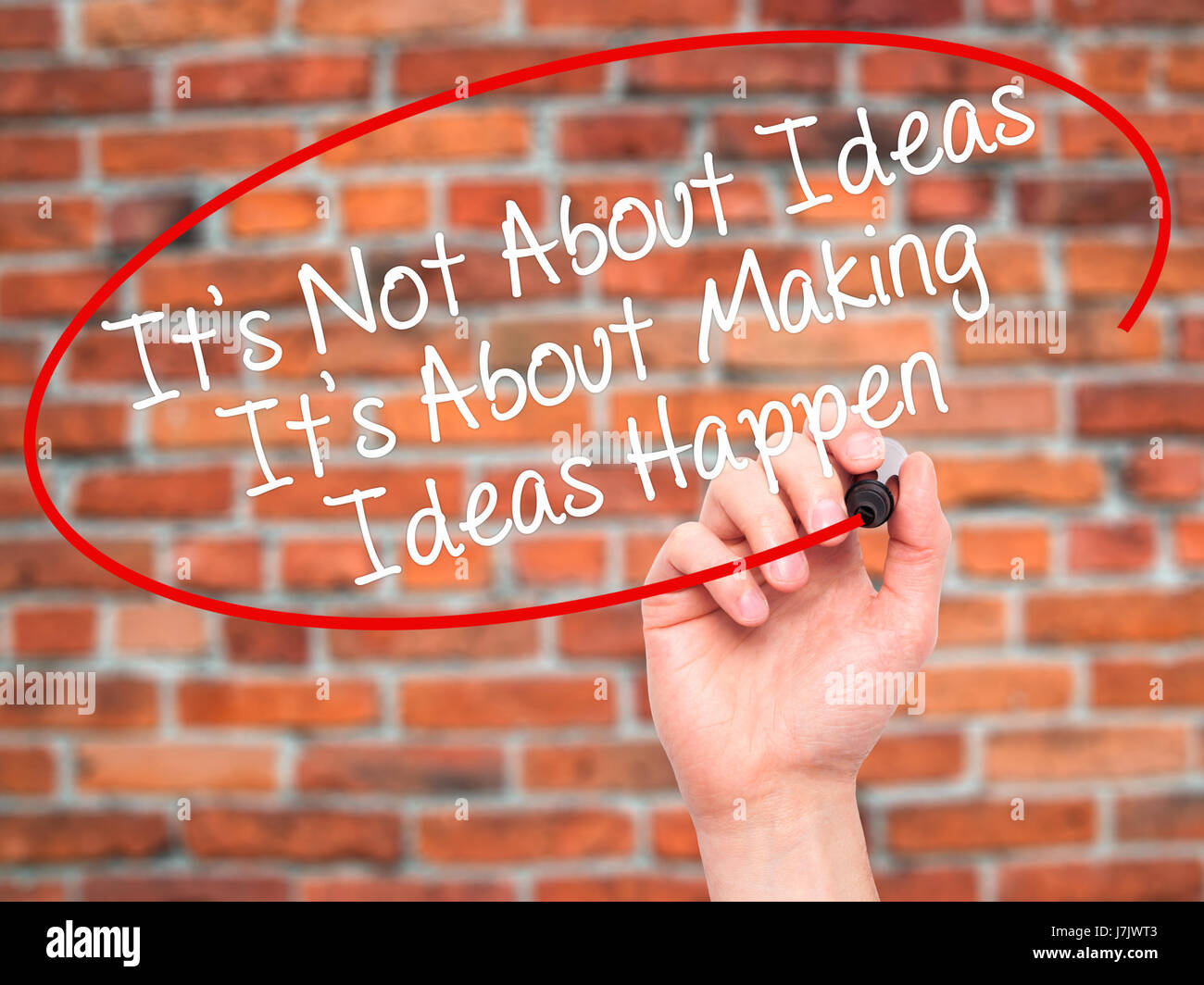 Man Hand writing It's Not About Ideas Its About Making Ideas Happen ...