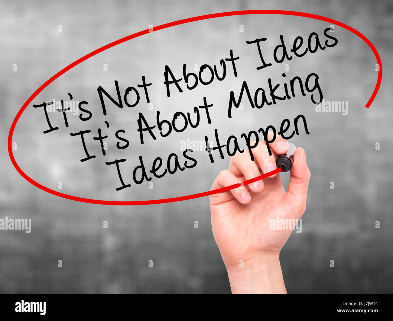Man Hand writing It's Not About Ideas Its About Making Ideas Happen ...
