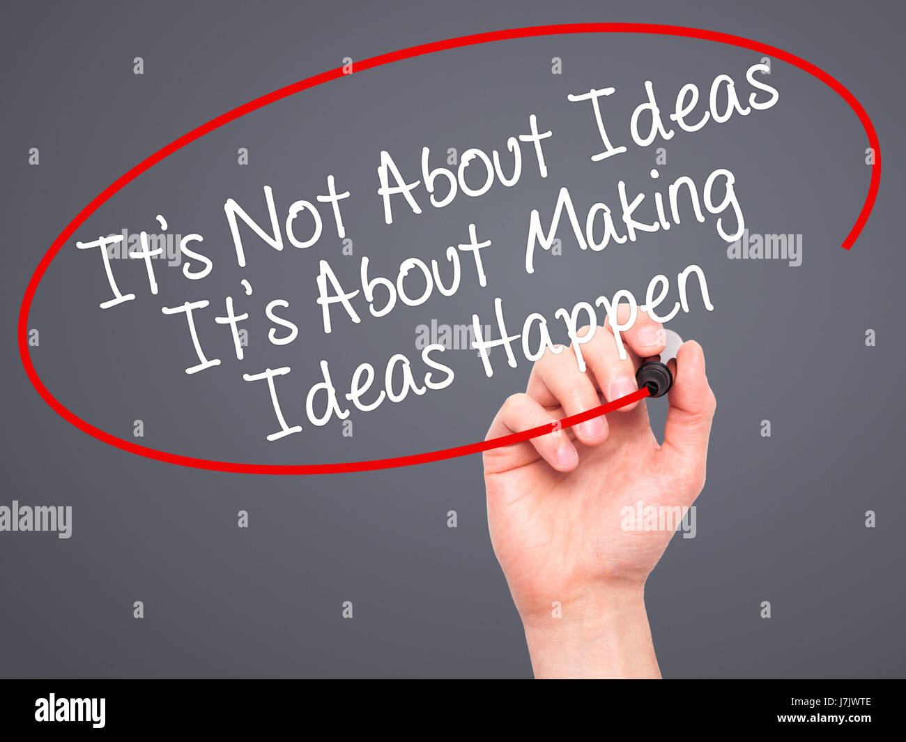 Man Hand writing It's Not About Ideas Its About Making Ideas Happen ...