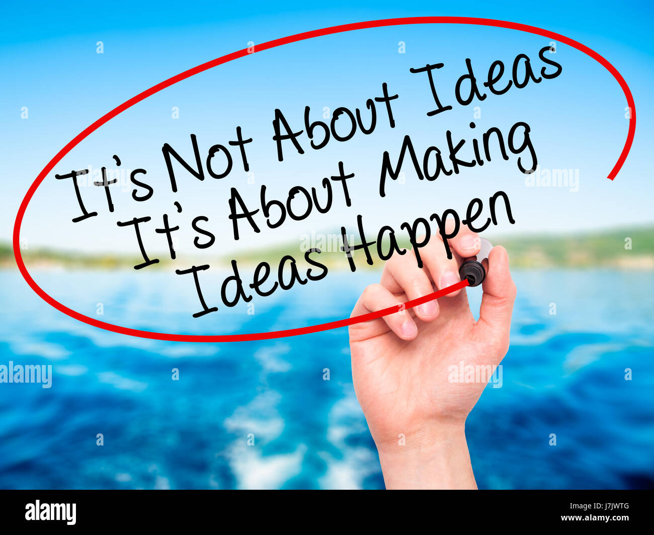 Man Hand writing It's Not About Ideas Its About Making Ideas Happen ...