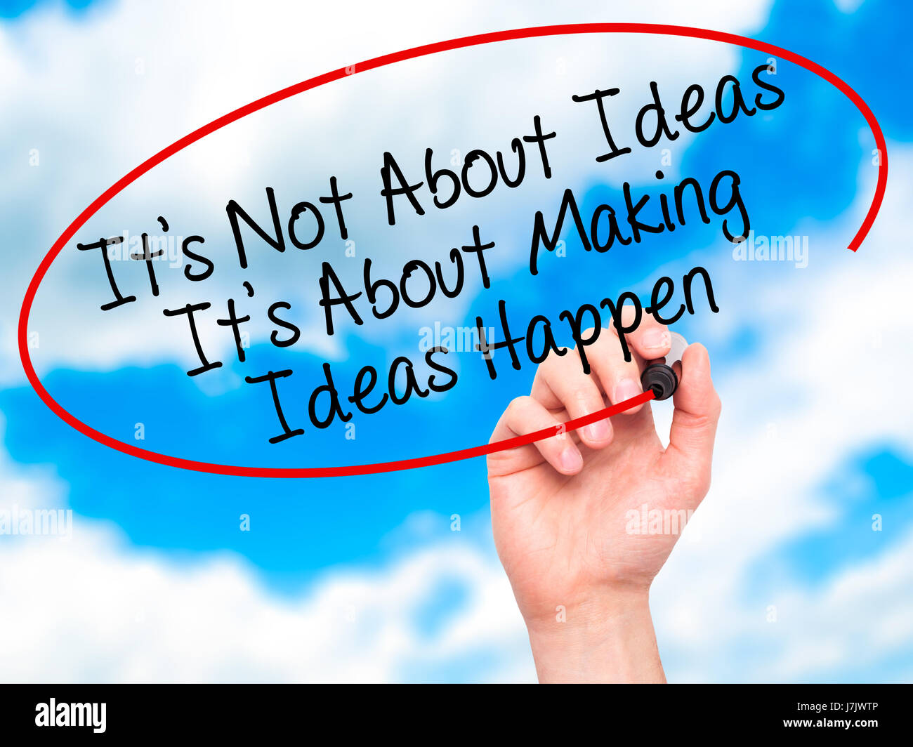 Man Hand writing It's Not About Ideas Its About Making Ideas Happen ...