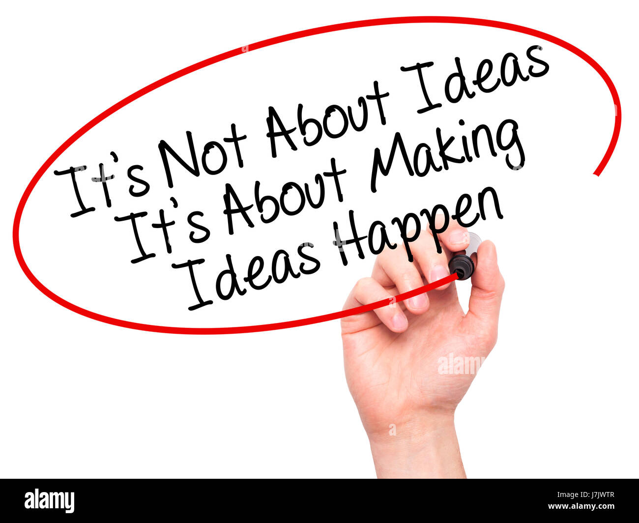 Man Hand writing It's Not About Ideas Its About Making Ideas Happen ...
