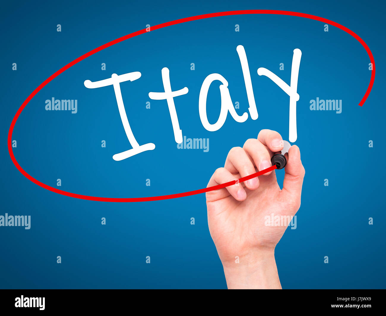 Man Hand writing Italy with black marker on visual screen. Isolated on ...
